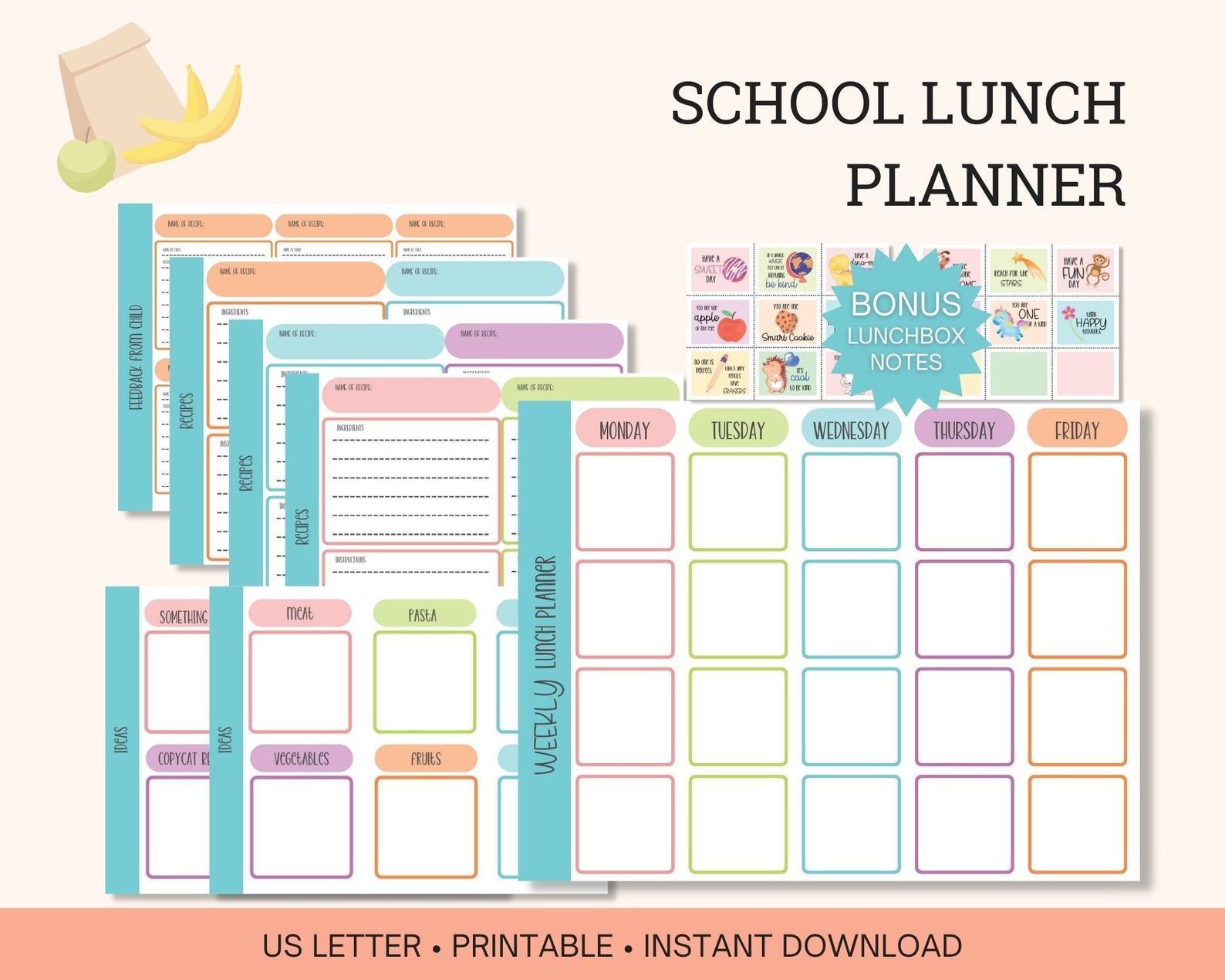 Weekly School Lunch Planner Printable, Meal Planner for Kids, Kids ...
