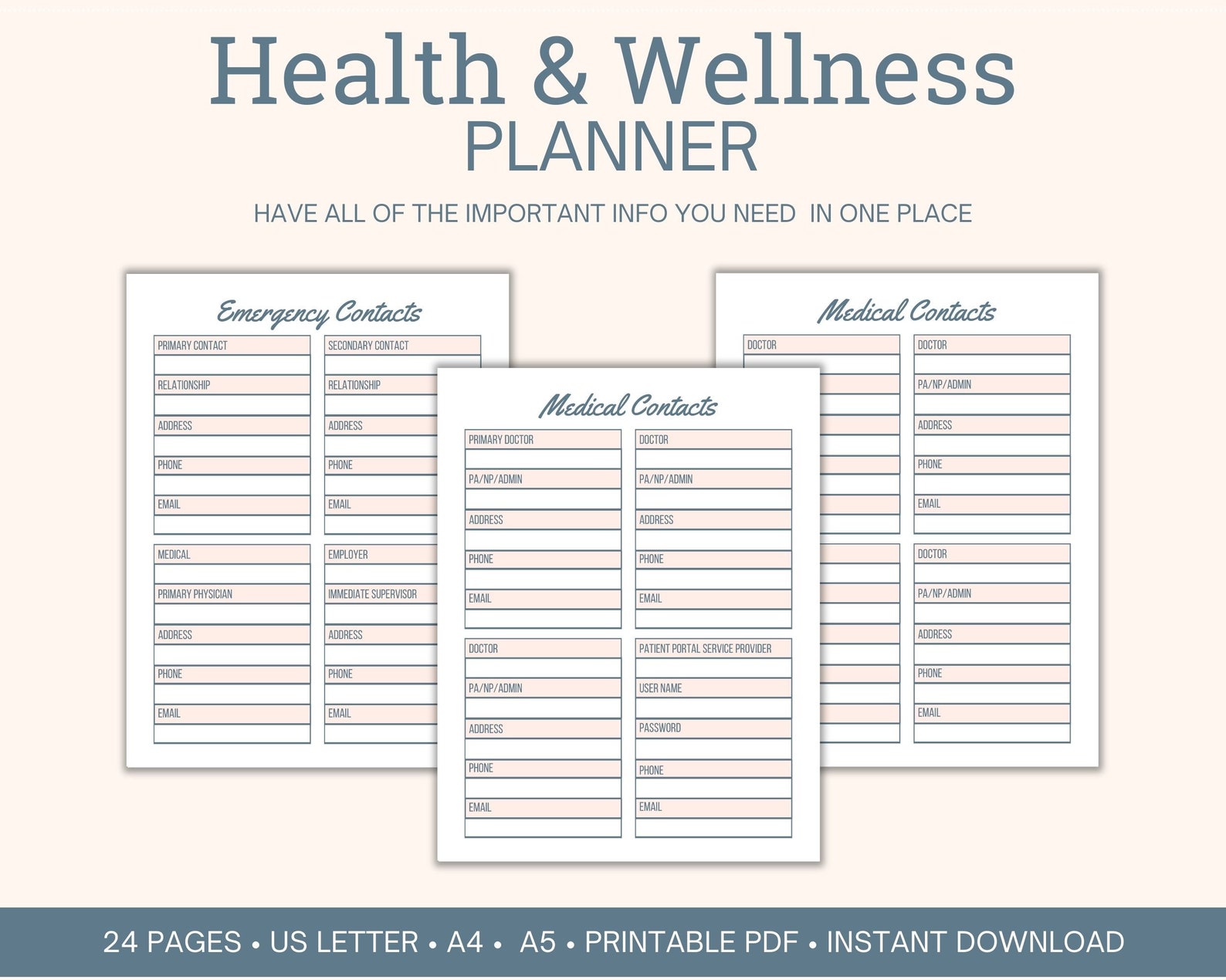 Health and Wellness Planner Printable, Health Care Binder, Medical ...