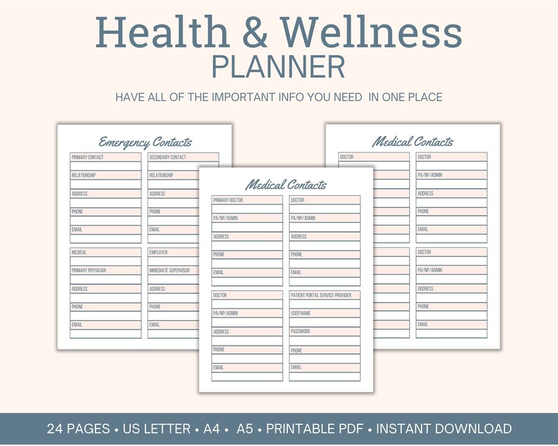 Health and Wellness Planner Printable, Health Care Binder, Medical ...
