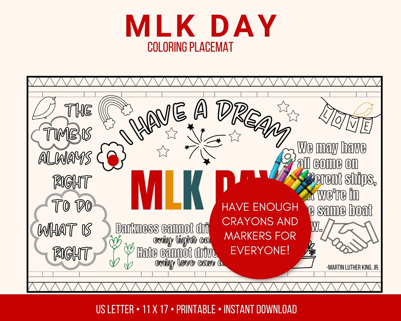 MLK Day Coloring Placemat, Classroom Printable (digital Download) - Etsy