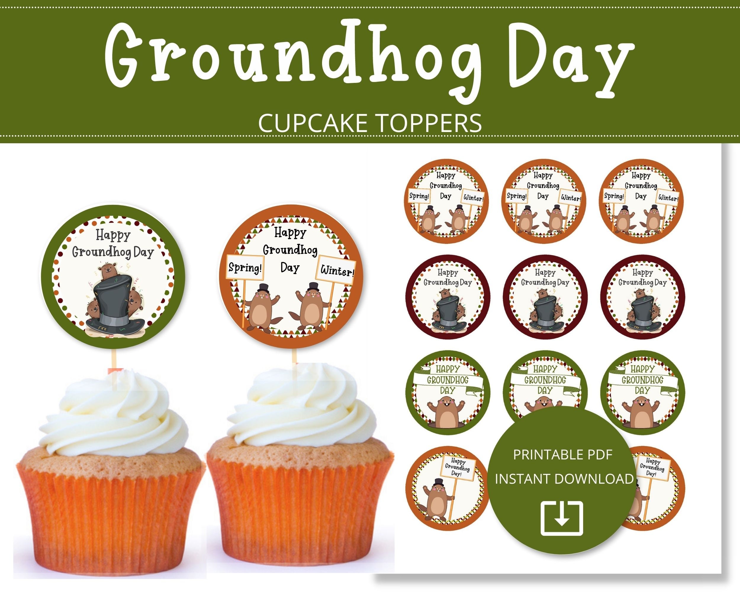 Groundhog Day Printable Cupcake Toppers, Party Favor Tags, Cookie Bag ...