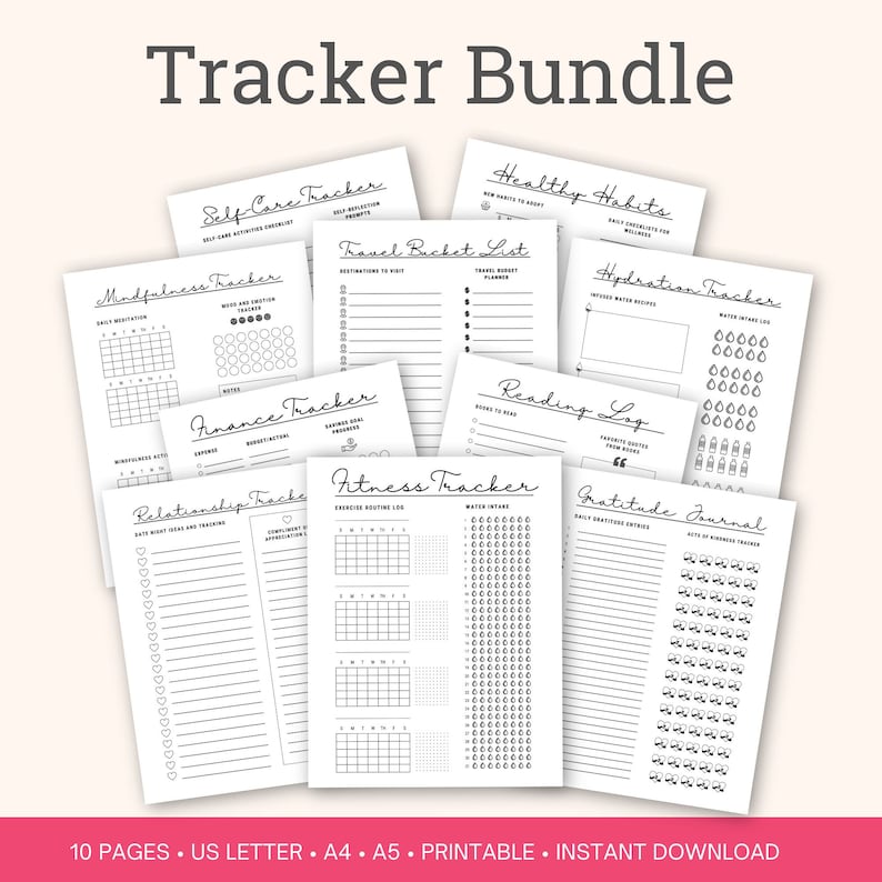 Printable Tracker Bundle, Finance, Fitness, Self-care (PDF) - Etsy
