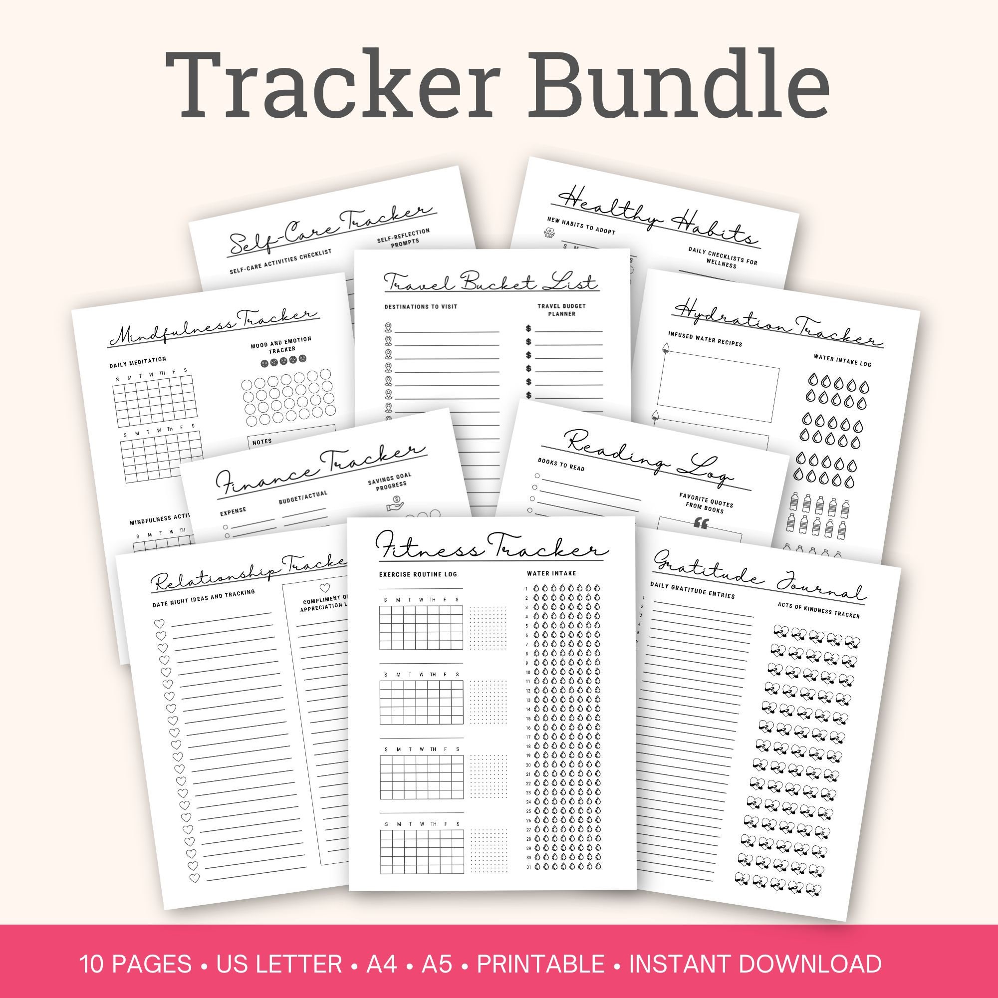 Printable Tracker Bundle, Finance, Fitness, Self-care (PDF) - Etsy