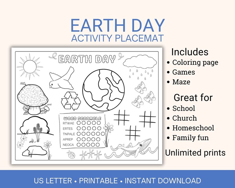 Earth Day Activity Placemat Printable for Kids, Activity for Kids ...