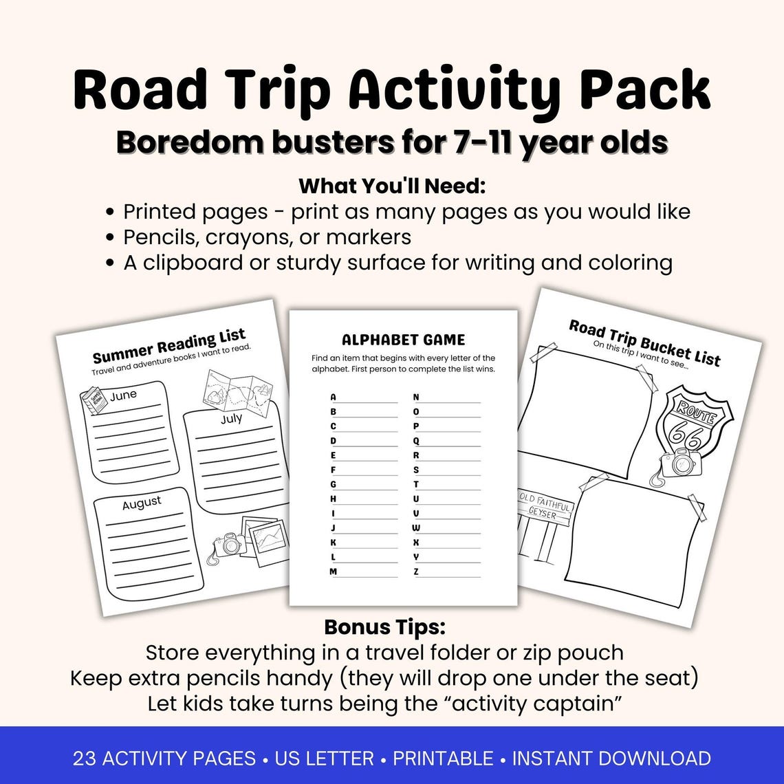 Printable Road Trip Activity Pack for Kids Ages 7-11, Car Trip ...
