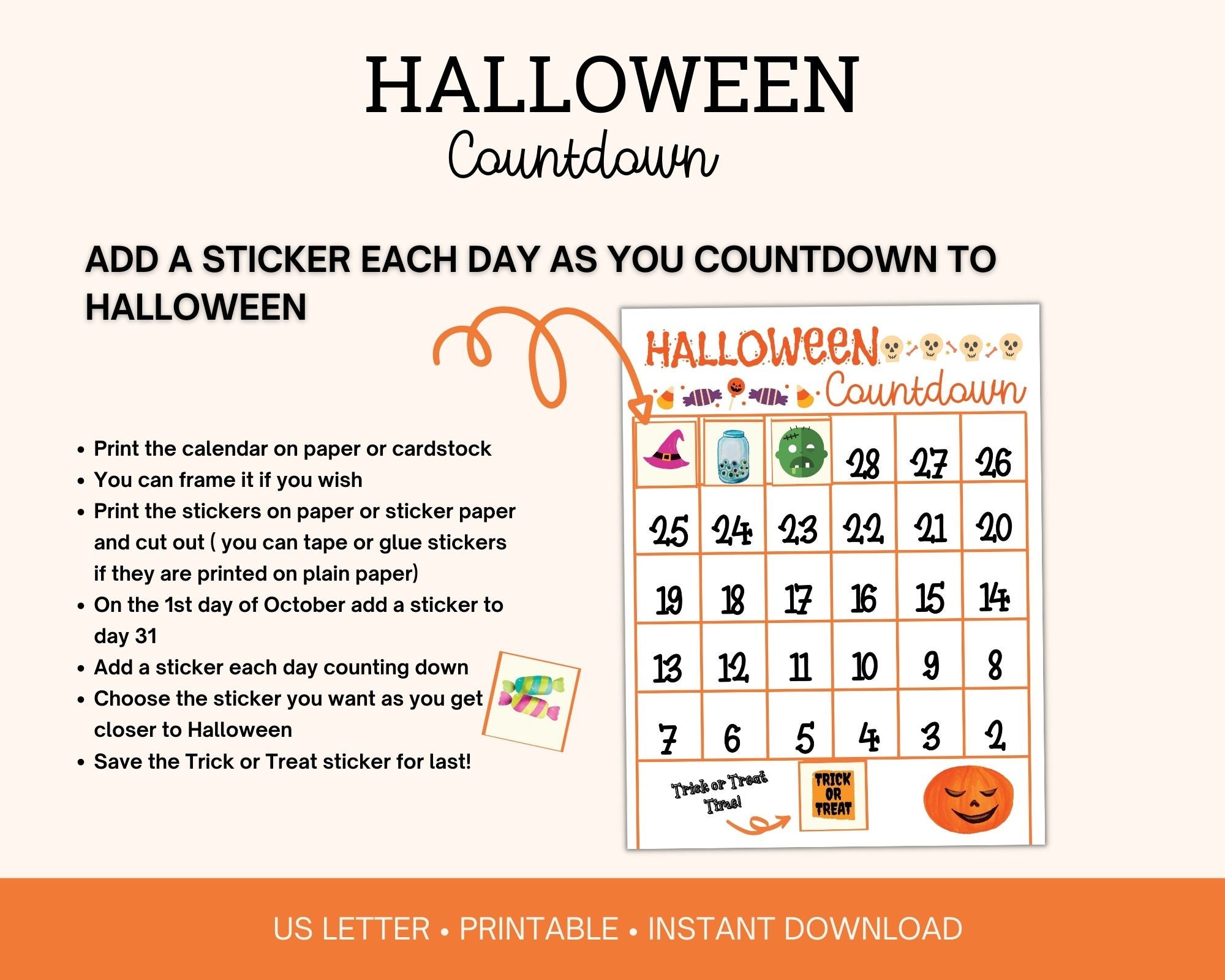 Halloween Countdown Calendar| Printable Halloween Advent Calendar With ...