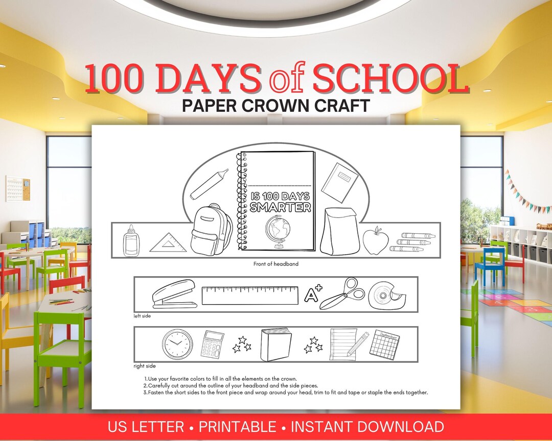 100 Days of School Printable Paper Headband, DIY Craft Kit for Kids ...