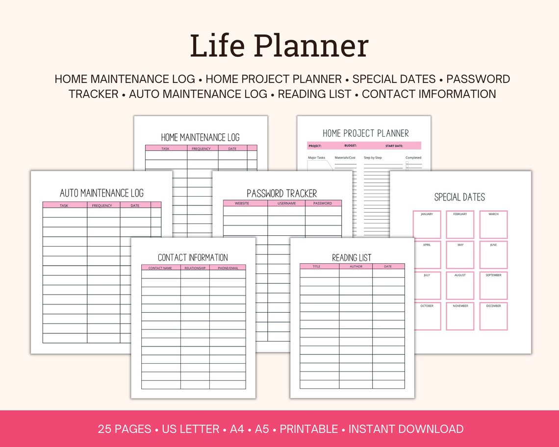 Life Planner Printable Pink Minimalist, Life Binder, All-in-one Planner ...