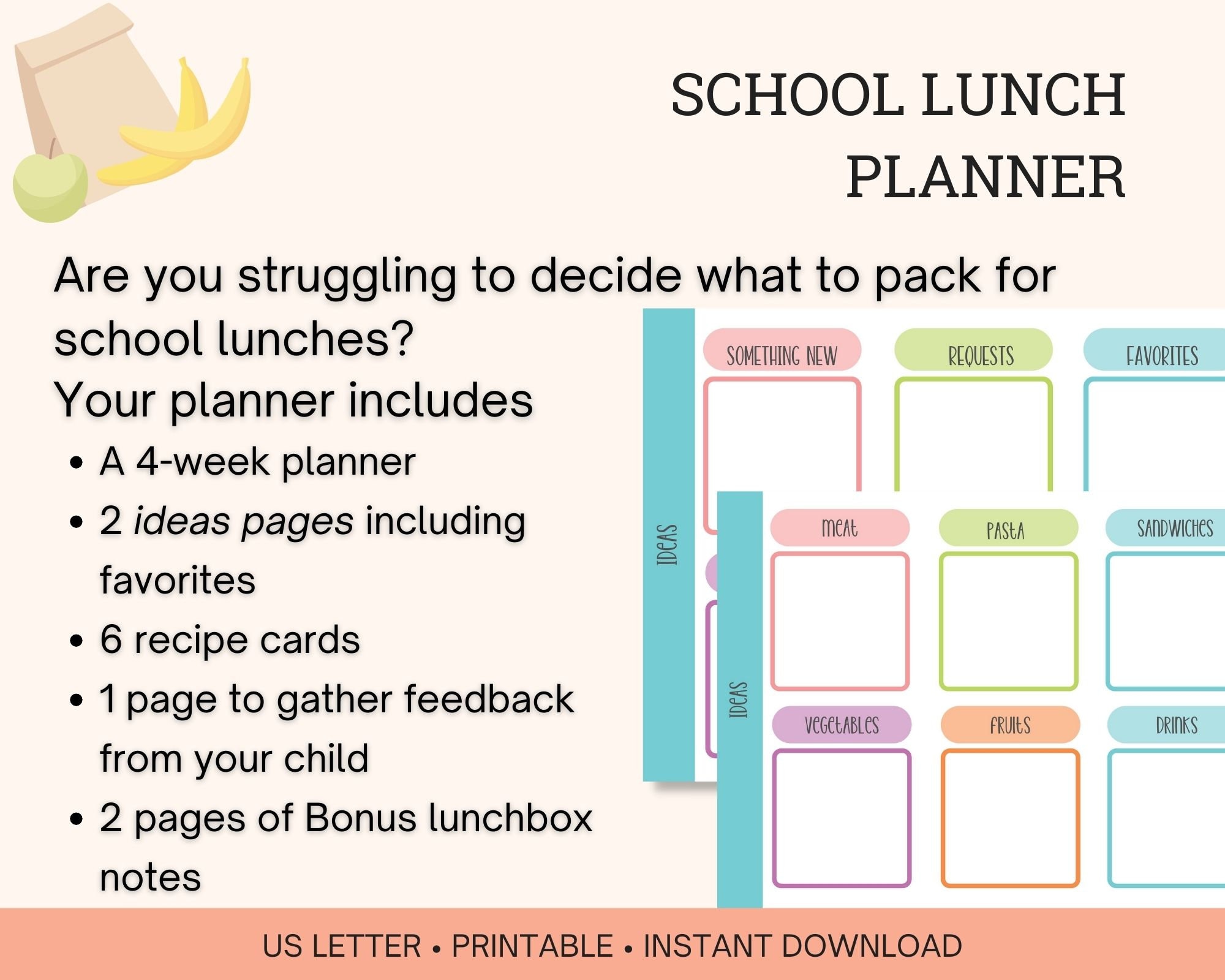 Weekly School Lunch Planner Printable, Meal Planner for Kids, Kids ...
