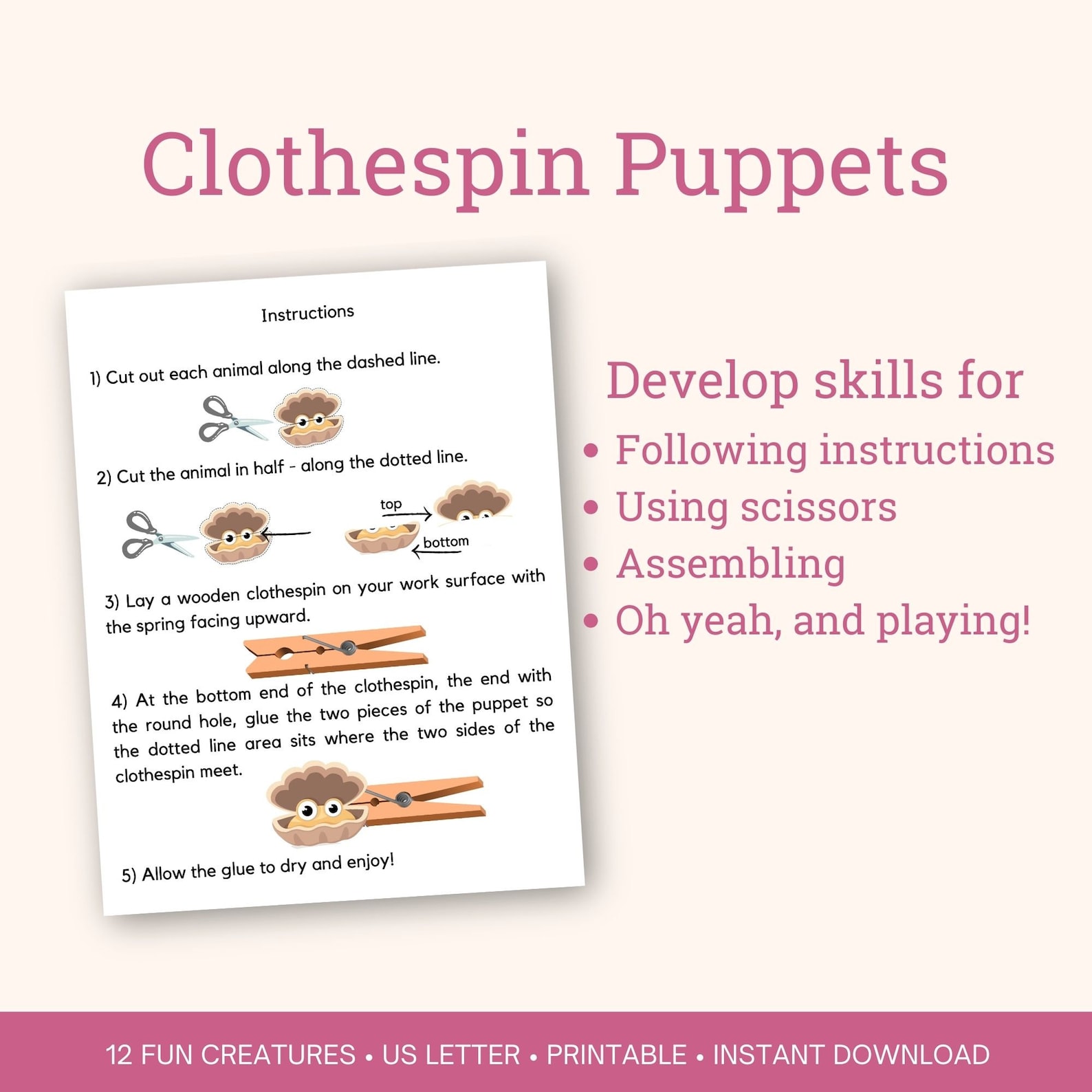 Clothespin Animal Puppets, Printable Kids Craft (PDF) - Etsy