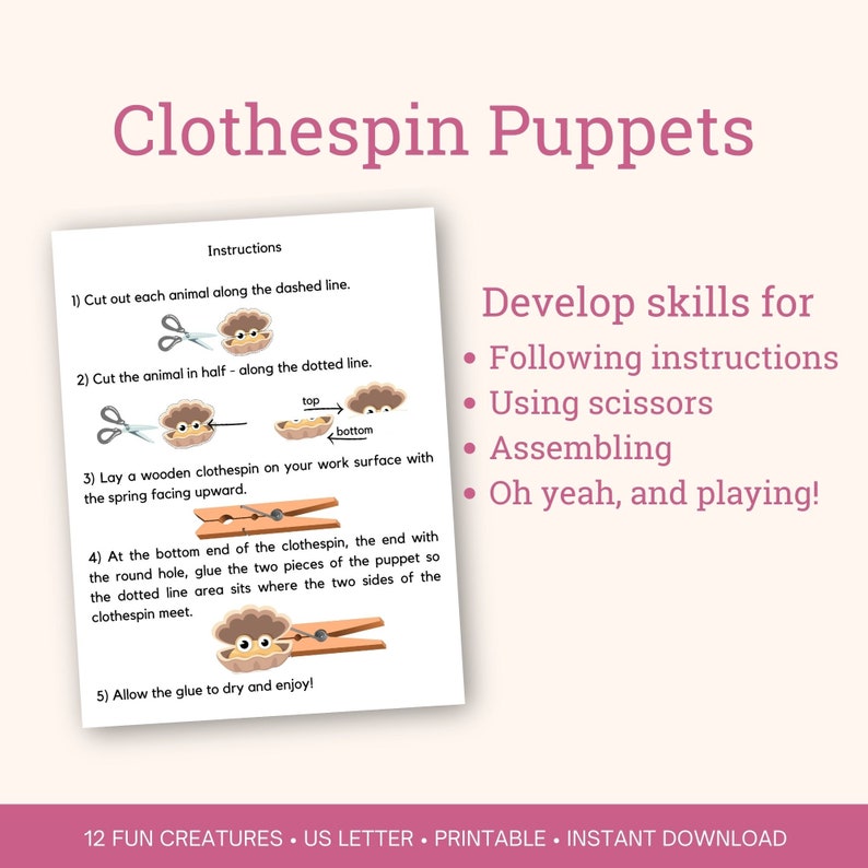 Clothespin Puppets, Printable Kids Craft, Craft for Kindergarten ...