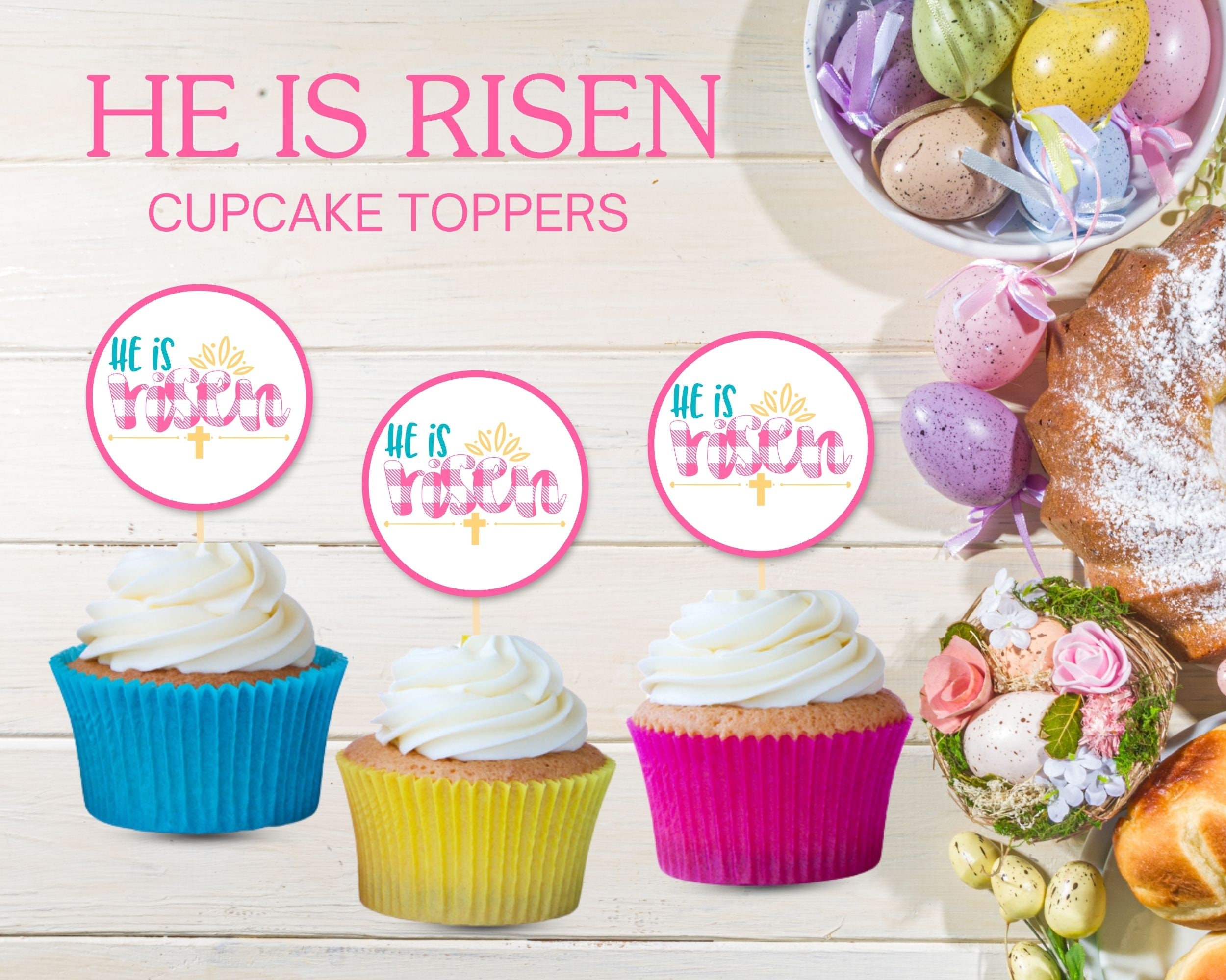 He is Risen Easter Cupcake Toppers, Easter Religious Cupcake Toppers ...