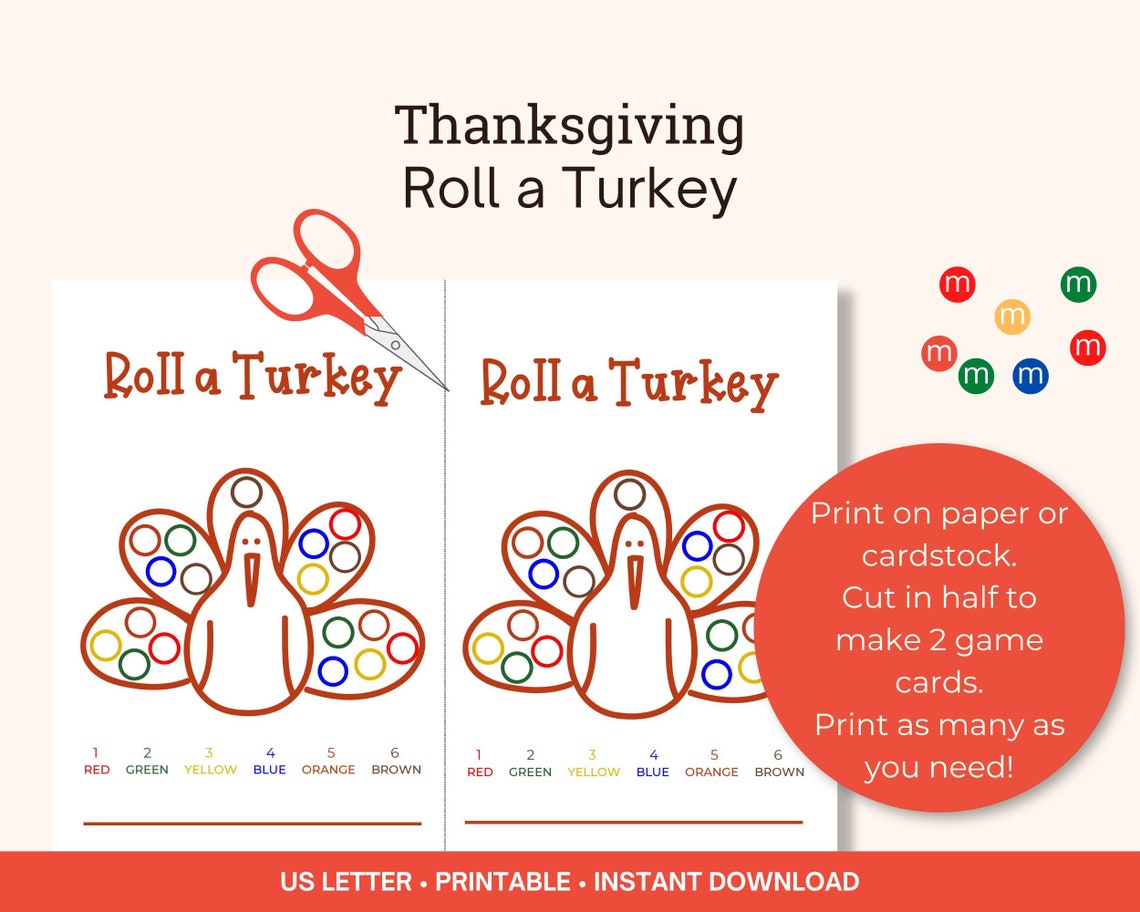 Roll-a-turkey Printable Game for Kids, Thanksgiving Printable Family ...