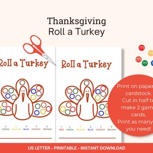 Roll-a-turkey Printable Game for Kids, Thanksgiving Printable Family ...