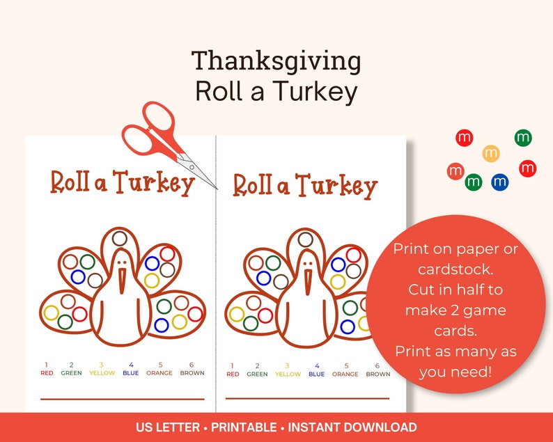 Roll-a-turkey Printable Game for Kids, Thanksgiving Printable Family ...
