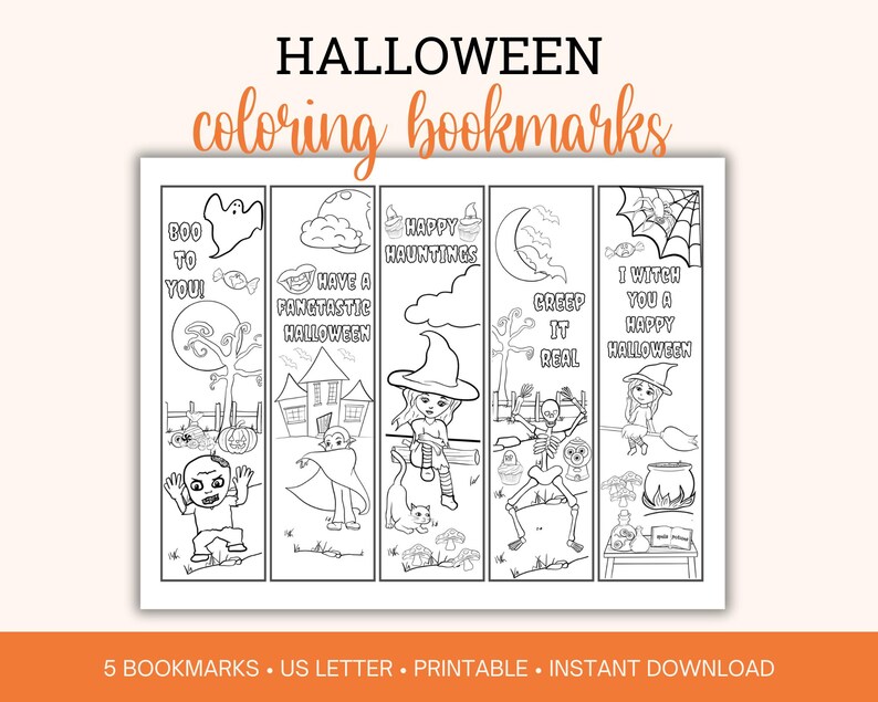 Halloween Printable Coloring Bookmarks, Set of 5, Halloween Activity ...