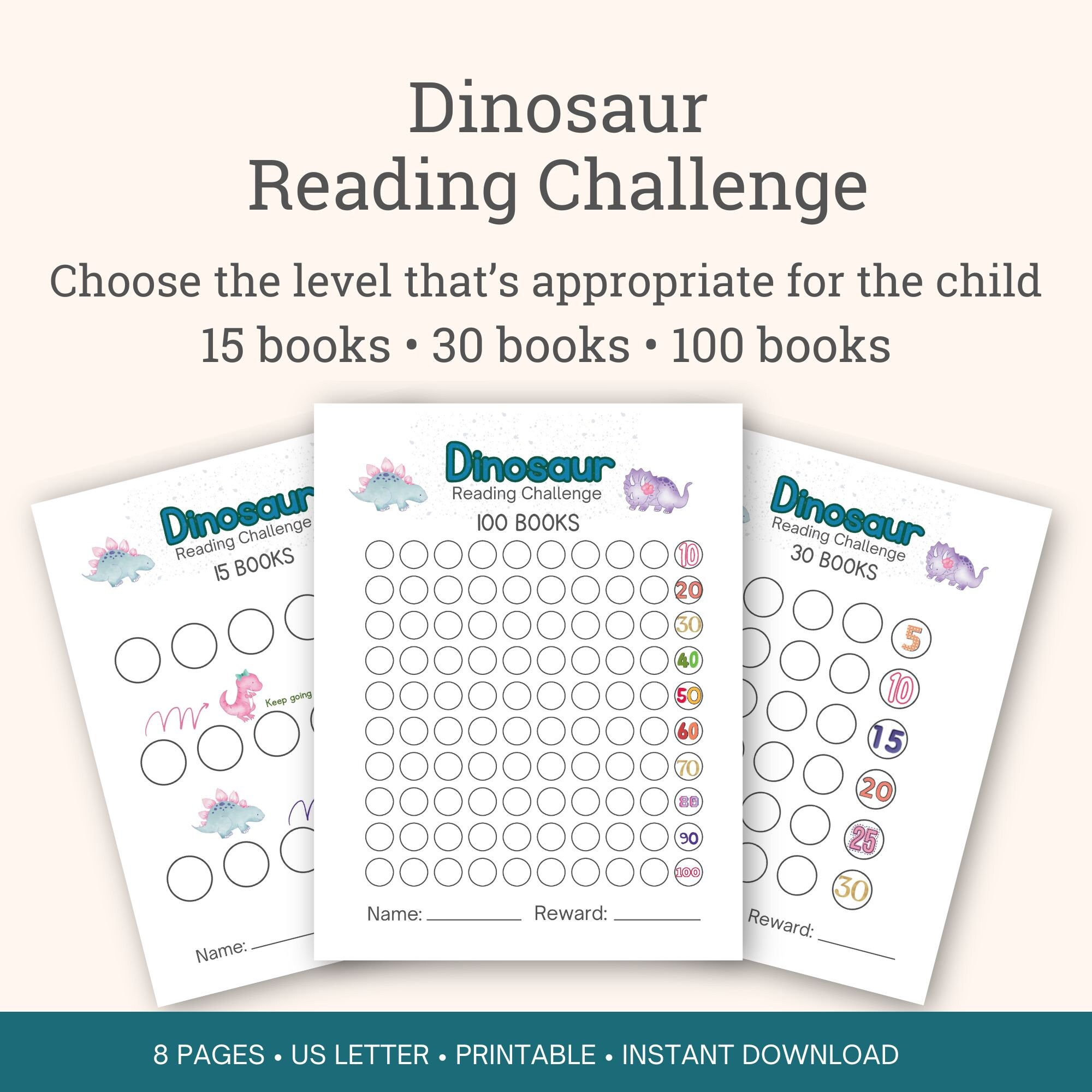 Dinosaur Reading Challenge Printable, Summer Reading Tracker for Kids ...