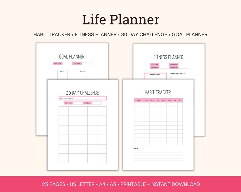 Life Planner Printable Pink Minimalist, Life Binder, All-in-one Planner ...