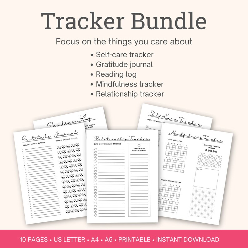 Printable Tracker Bundle, 10 Trackers for Finance, Self-care, Gratitude ...