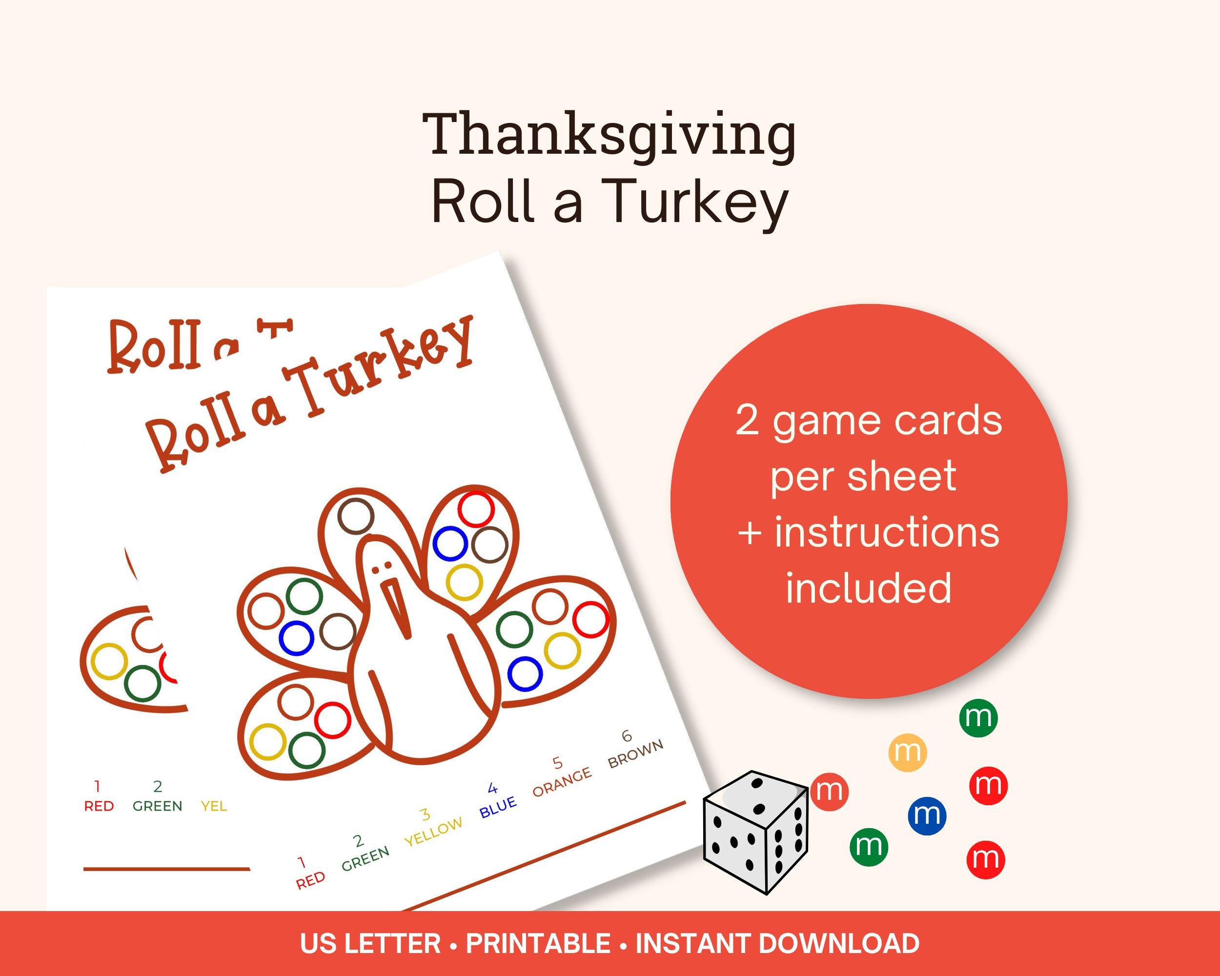 Roll-a-turkey Printable Game for Kids, Thanksgiving Printable Family ...
