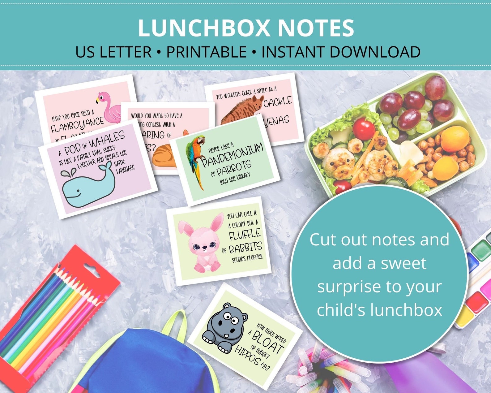 Lunchbox Notes for Kids Printable, Groups of Animals Lunchbox Notes - Etsy
