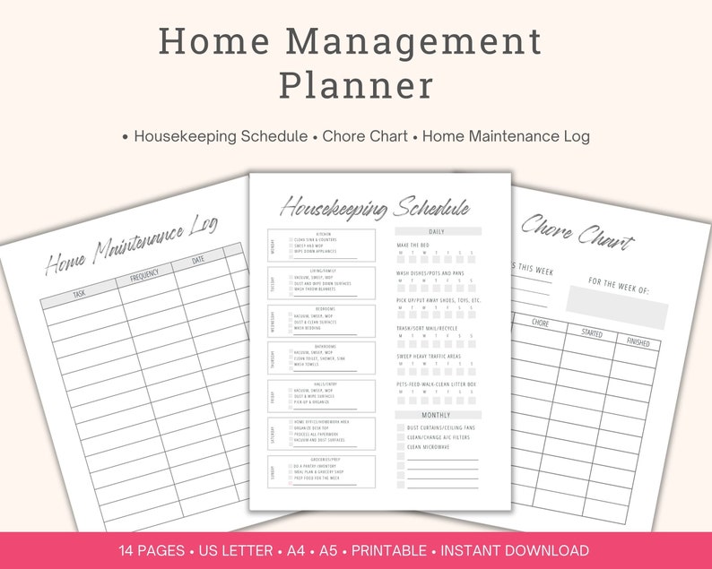 Home Management Planner Printable Bundle, Meal Planning, Chore Chart ...