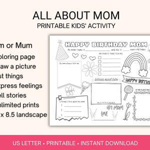 Mom Birthday Card, Kids Activities Sheet, Coloring Page, Party Favor ...