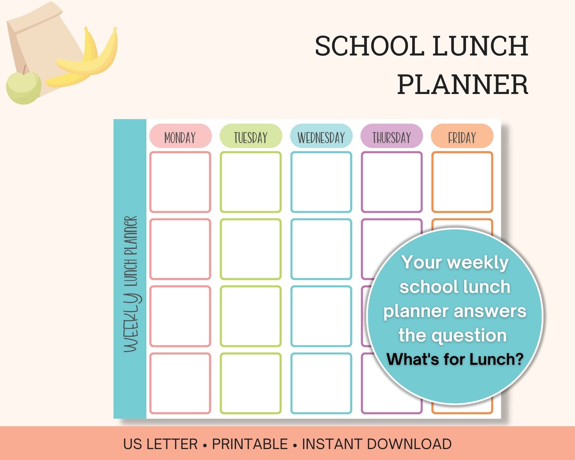 Weekly School Lunch Planner Printable, Meal Planner for Kids, Kids ...