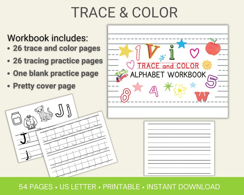 Trace and Color Printable Alphabet Workbook, Tracing Practice Sheets ...
