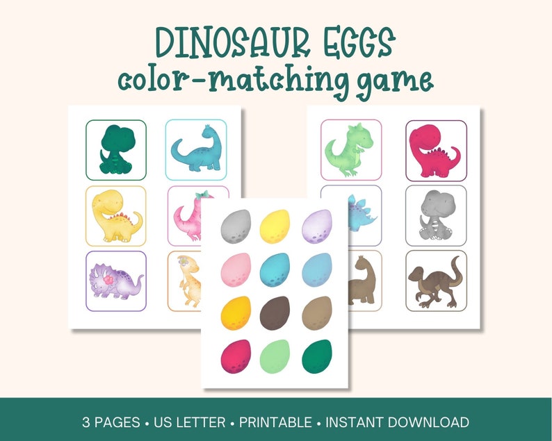 Dinosaur and Eggs Printable Color Matching Game for Kids, Preschool ...