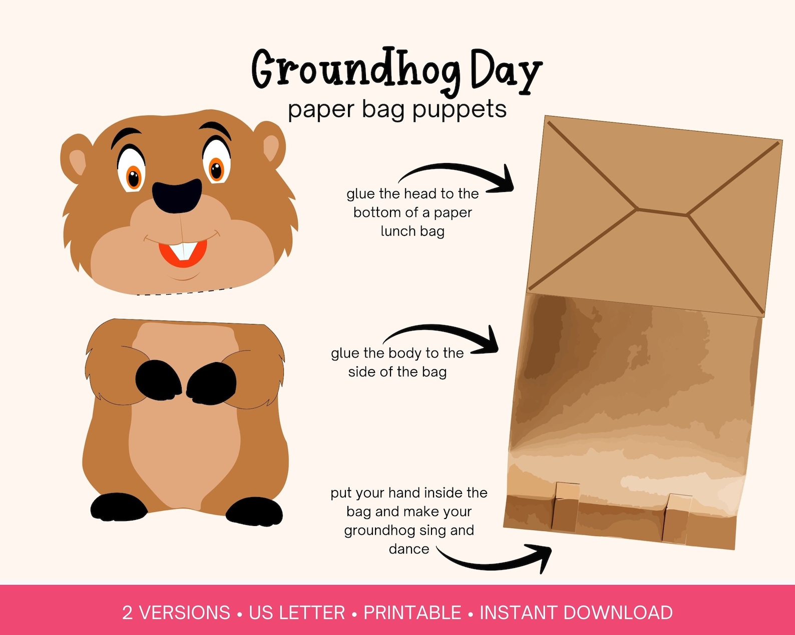 Groundhog Day Paper Bag Puppet, Printable Coloring Activity (PDF) - Etsy