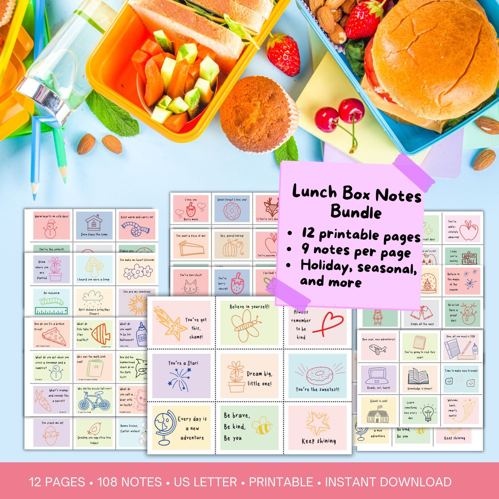 Kids Lunch Box Notes, Positive Affirmations, Printable Bundle (digital ...
