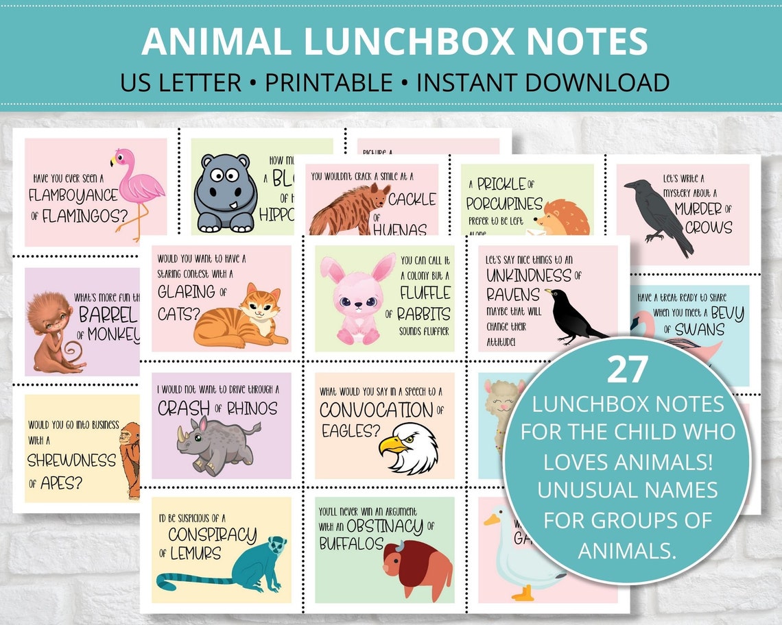 Lunchbox Notes for Kids Printable, Groups of Animals Lunchbox Notes - Etsy