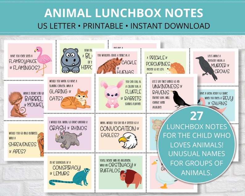Lunchbox Notes for Kids Printable, Groups of Animals Lunchbox Notes - Etsy