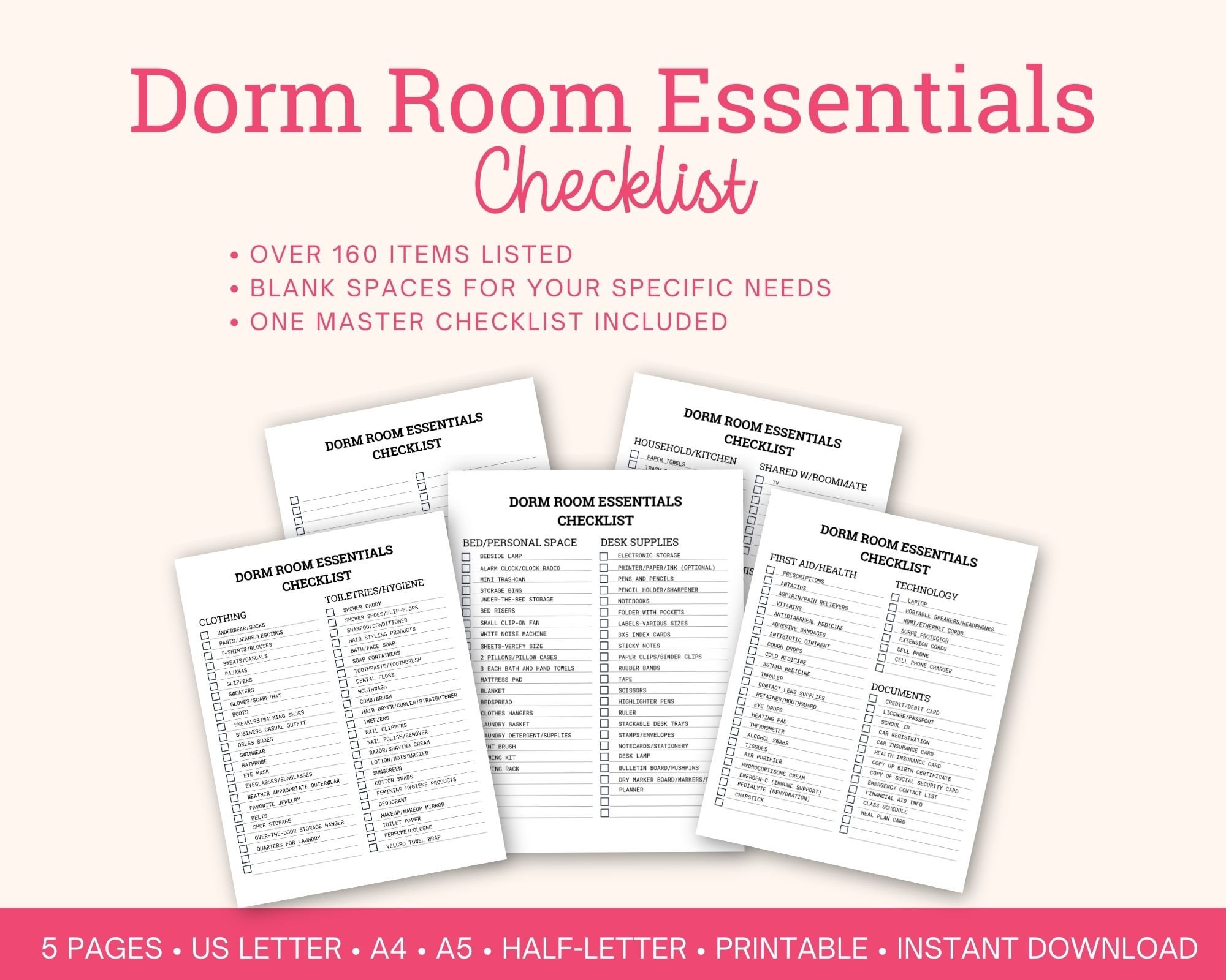 Dorm Room Essentials Checklist Printable, College Packing List, Back to ...