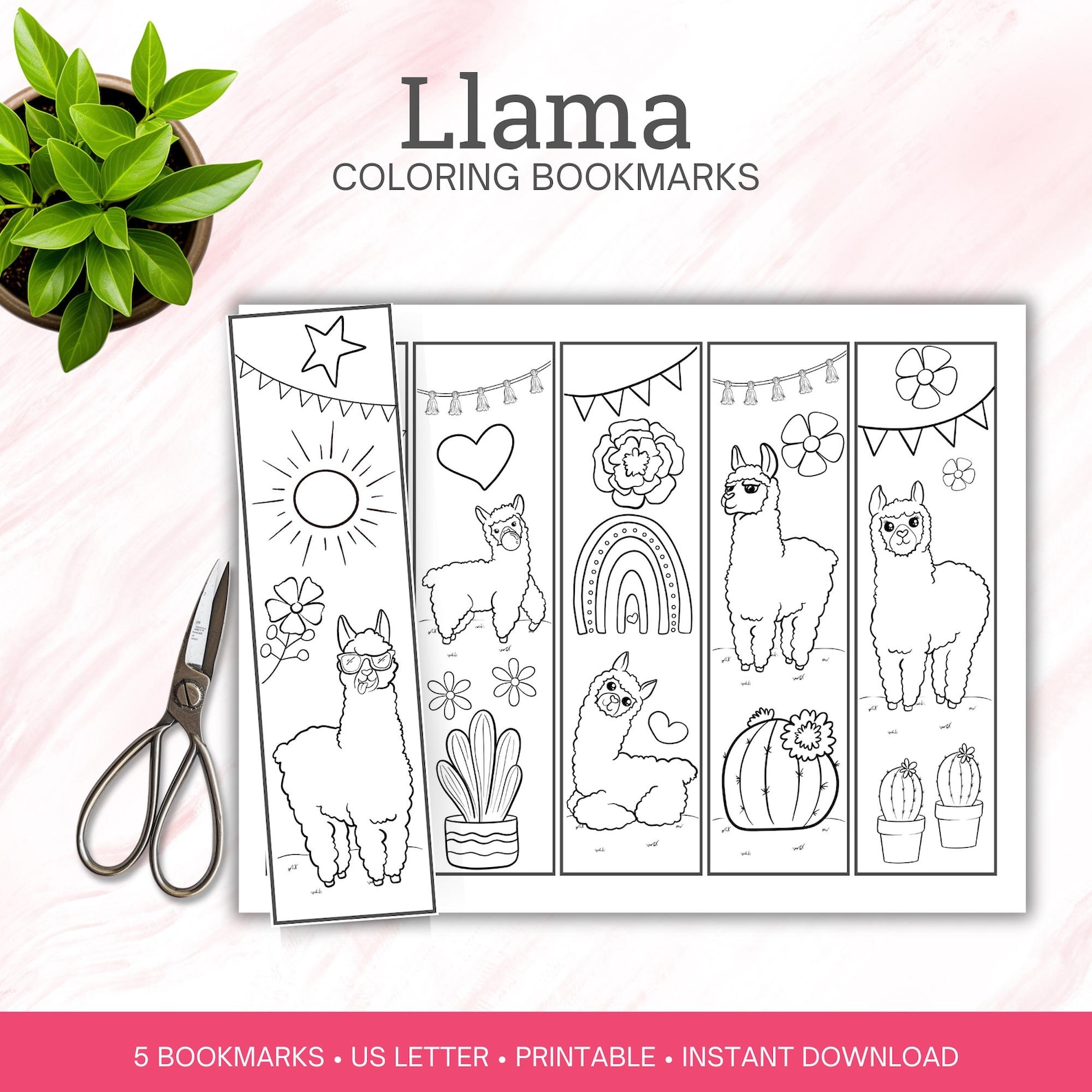 Llama Coloring Bookmarks, Set of 5, Kids Craft Activity (PDF Pattern ...