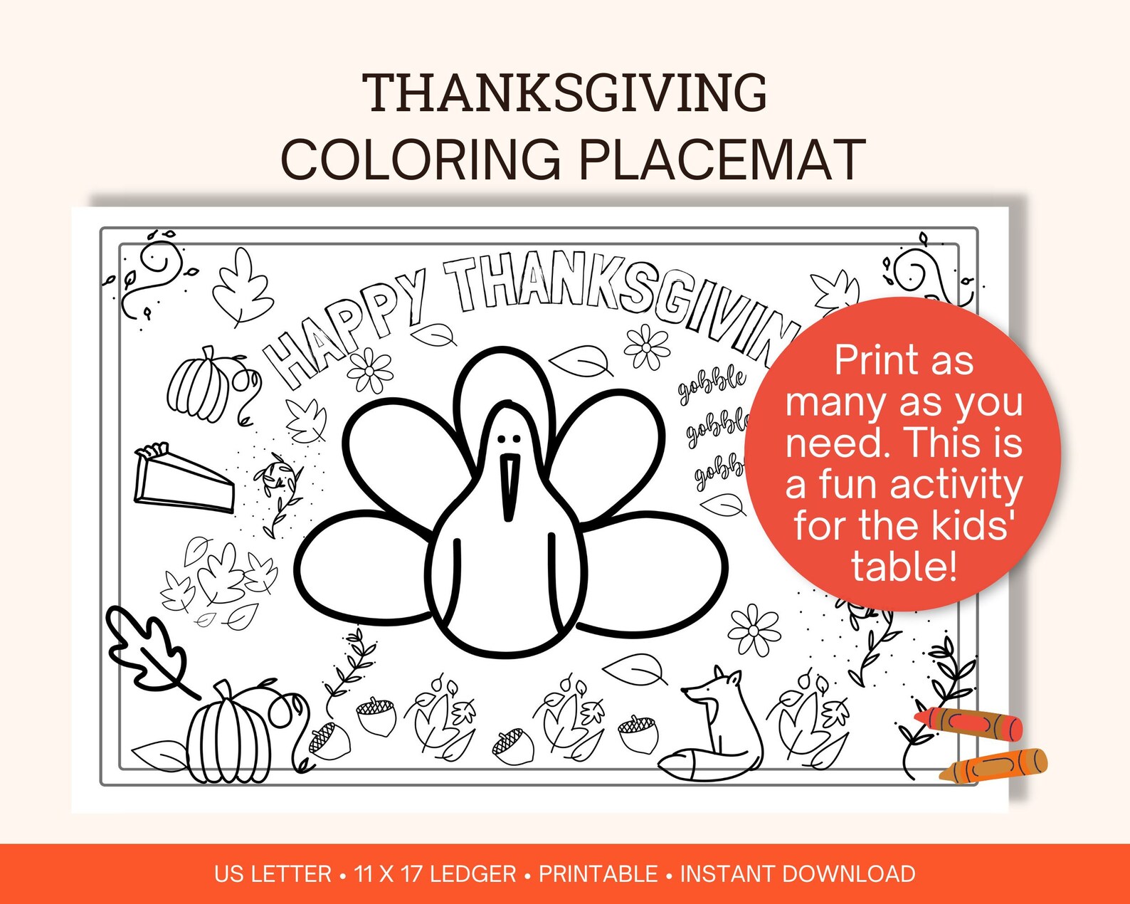 Thanksgiving Day Coloring Page, Printable Kids' Activity, Kid's Table ...