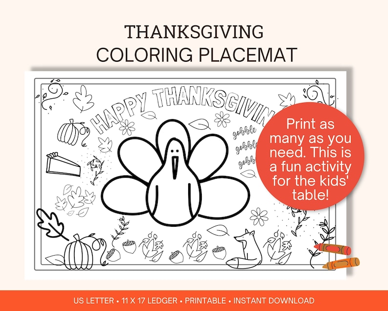 Thanksgiving Day Coloring Page, Printable Kids' Activity, Kid's Table ...