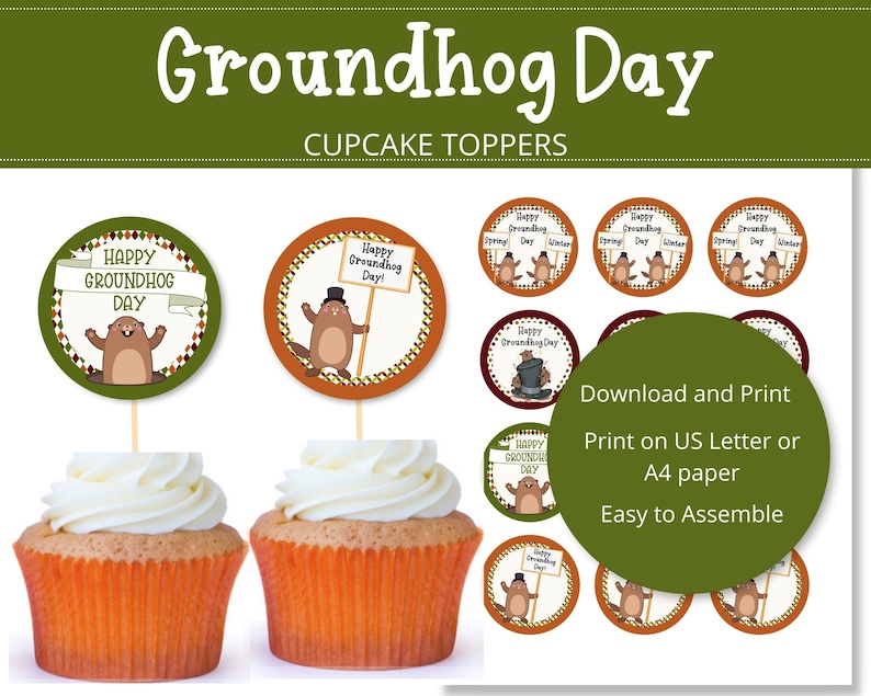 Groundhog Day Printable Cupcake Toppers, Party Favor Tags, Cookie Bag ...