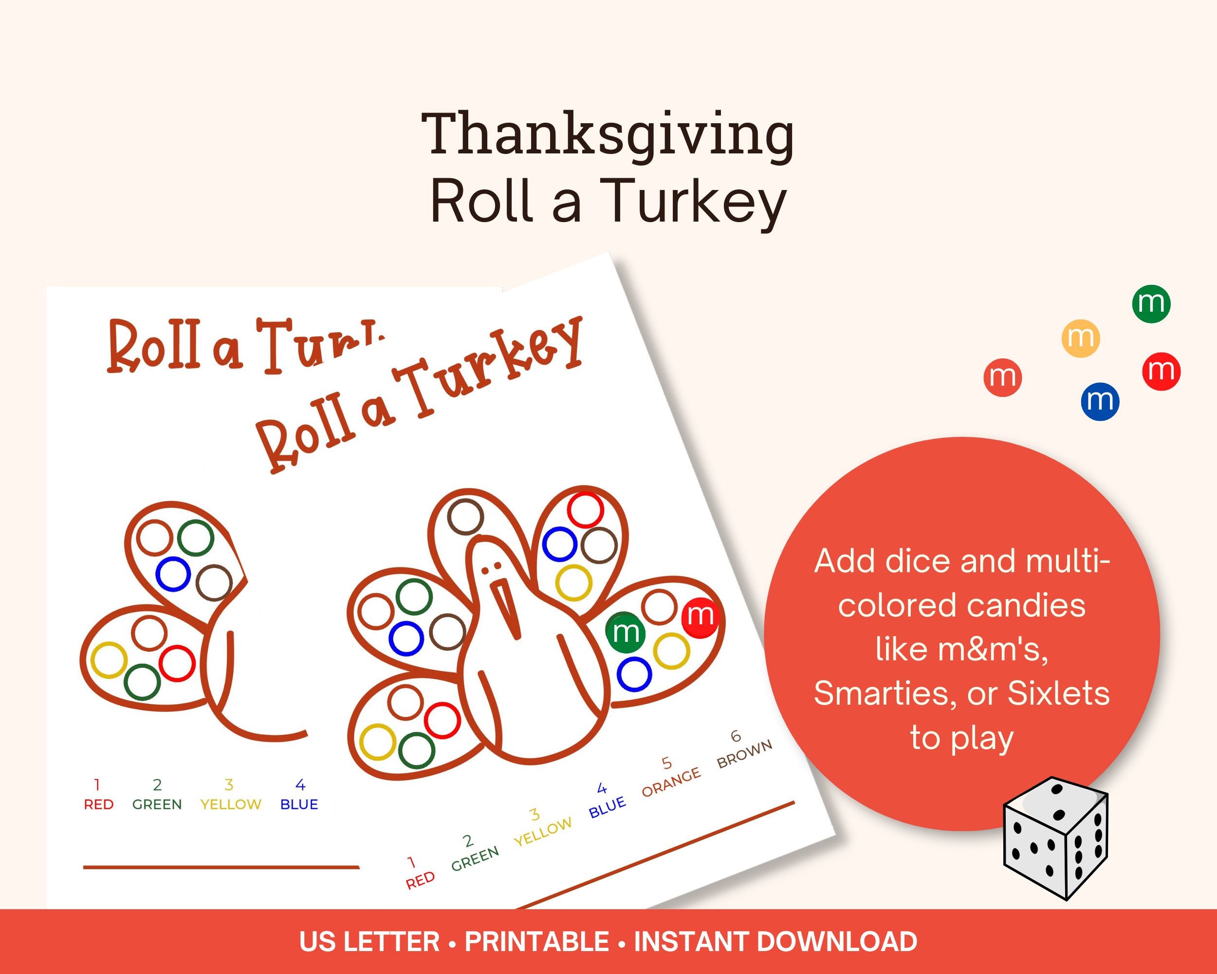 Roll-a-turkey Printable Game for Kids, Thanksgiving Printable Family ...
