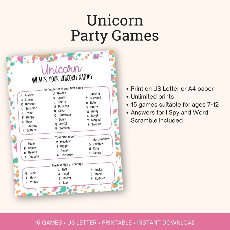 Unicorn Party Games Printable Bundle Unicorn Activities - Etsy