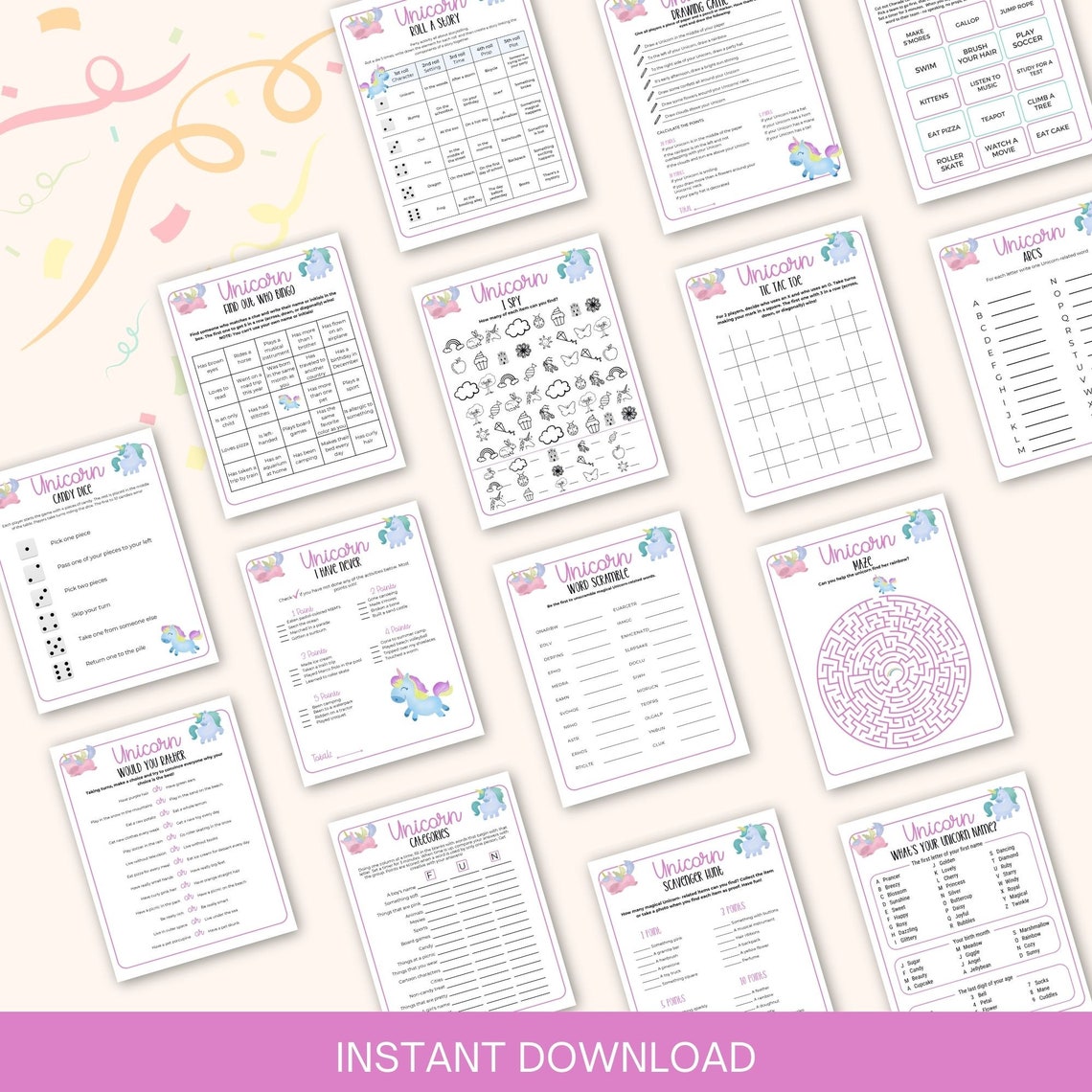 Unicorn Party Games Printable Bundle, Unicorn Activities, Unicorn ...