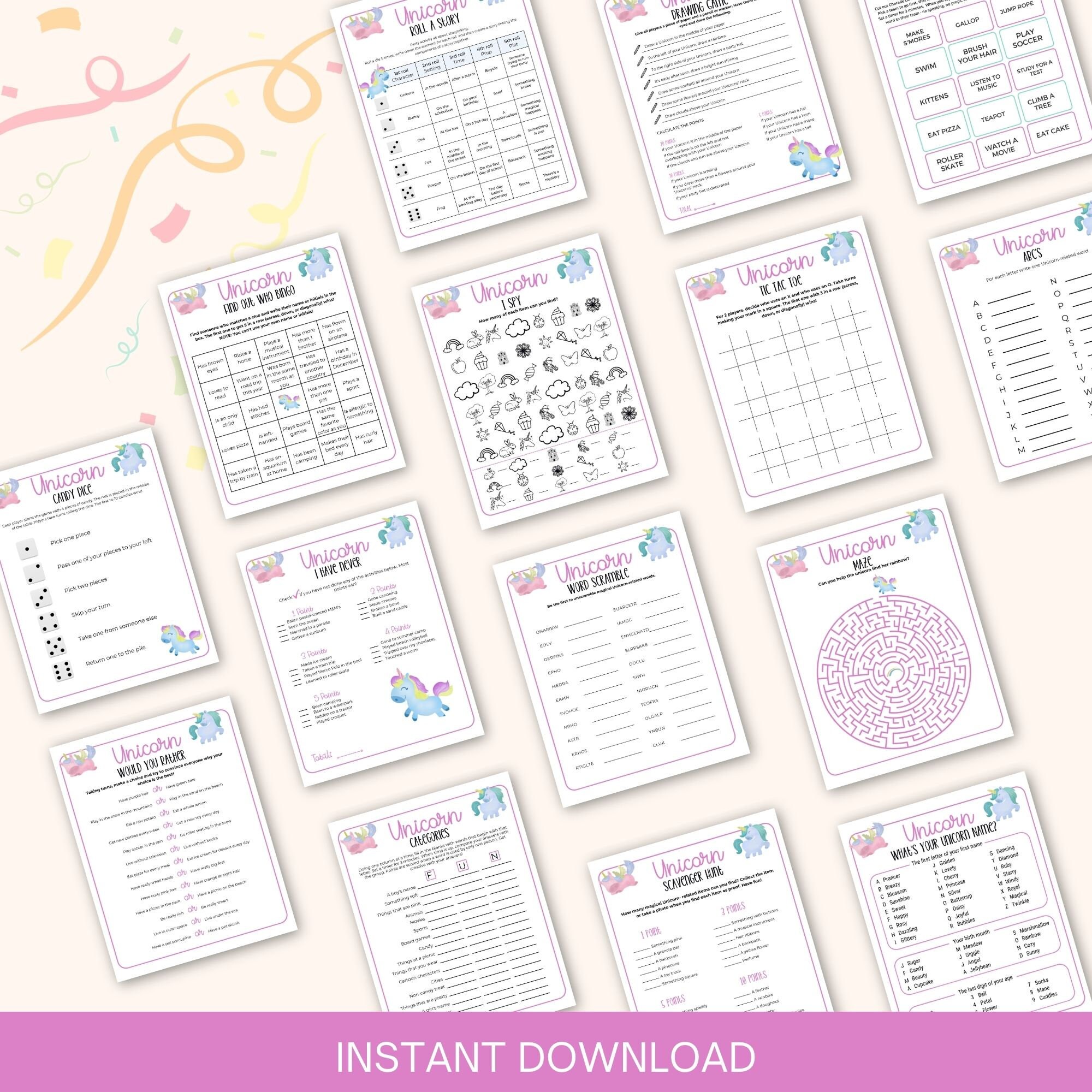 Unicorn Party Games Printable Bundle, Unicorn Activities, Unicorn ...