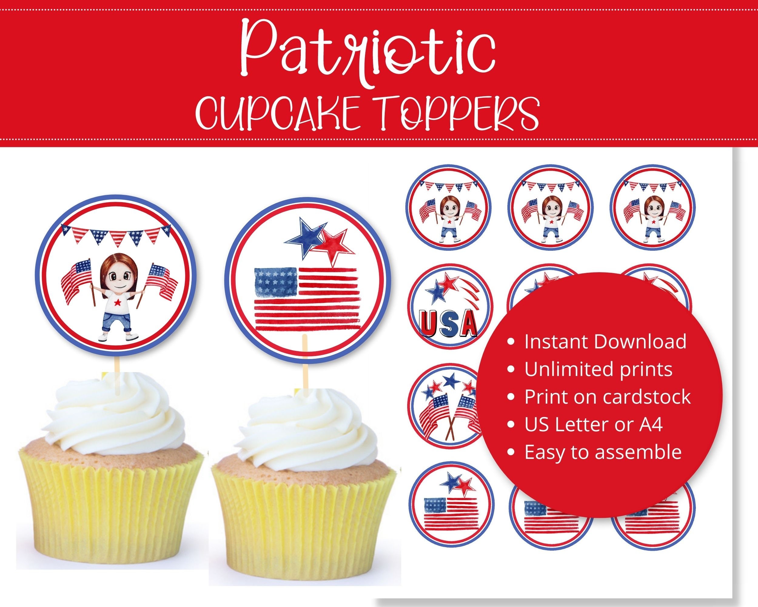 Patriotic Cupcake Toppers Printable, Memorial Day, 4th of July, Labor ...