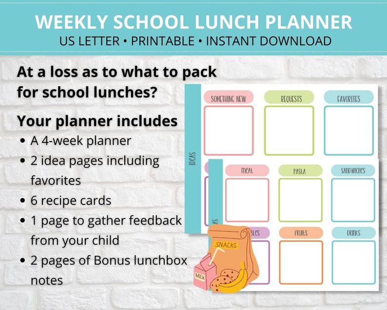 Weekly School Lunch Planner Printable Homeschool Lunch - Etsy