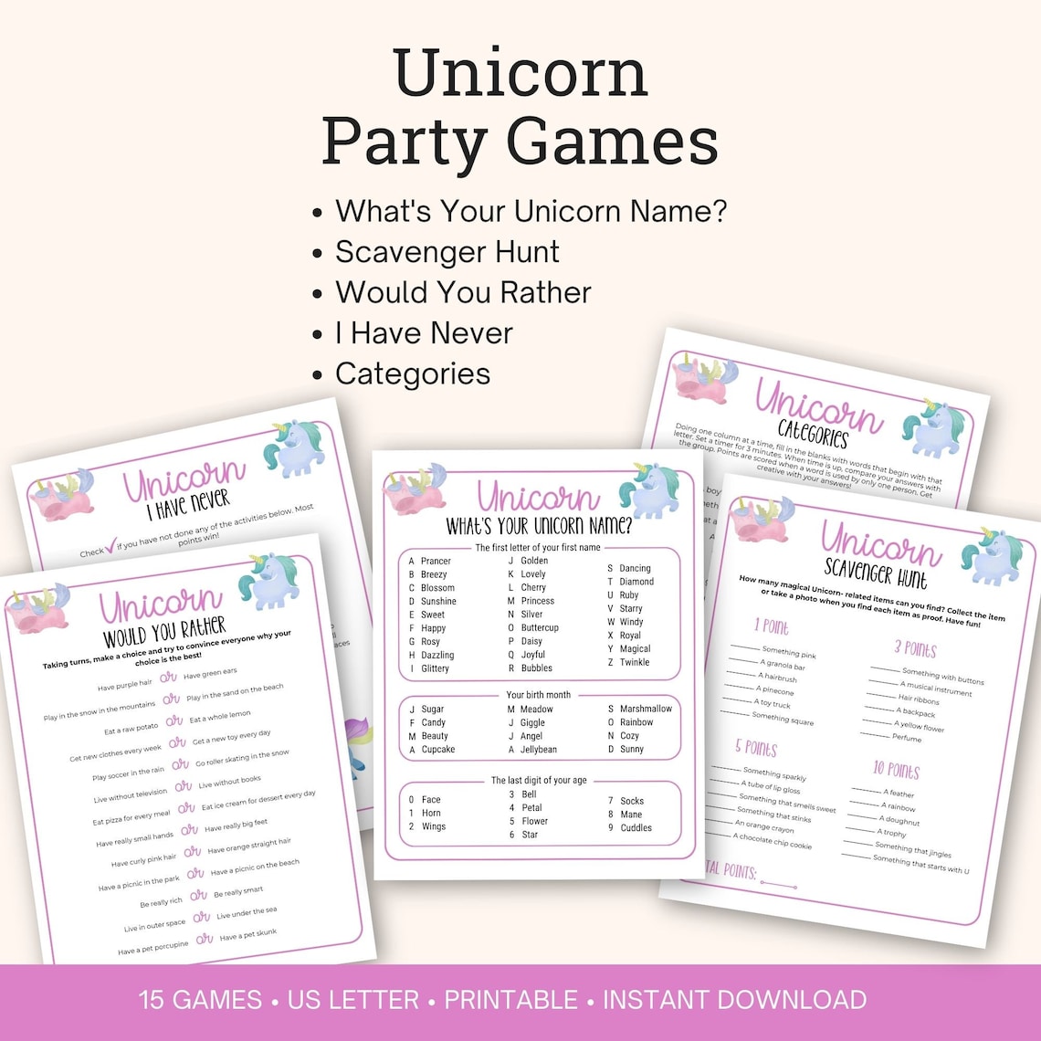 Unicorn Party Games Printable Bundle, Unicorn Activities, Unicorn ...