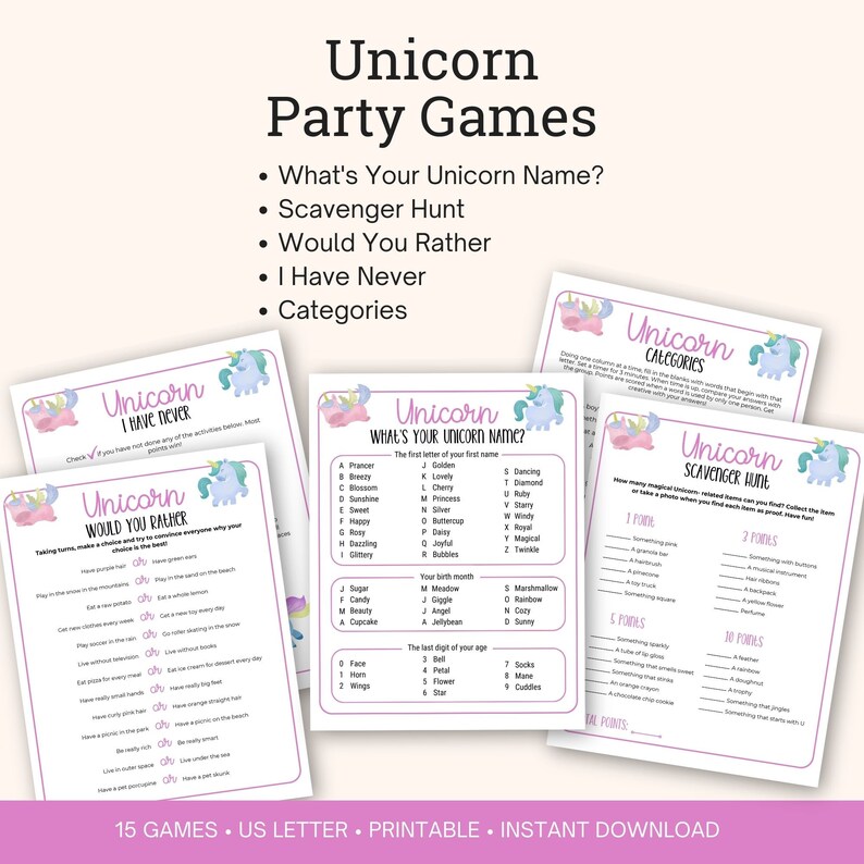 Unicorn Party Games Printable Bundle, Unicorn Activities, Unicorn ...