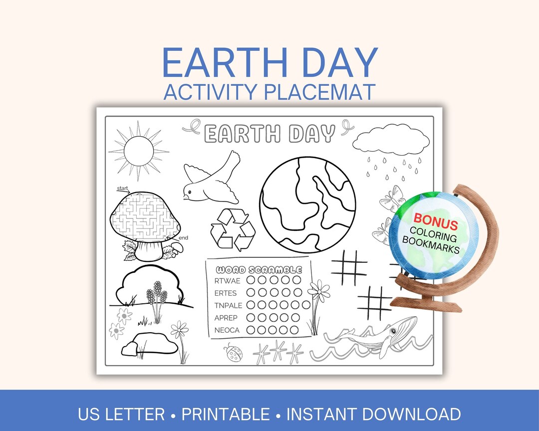 Earth Day Activity Placemat, Kids' Coloring Page (printable PDF) - Etsy