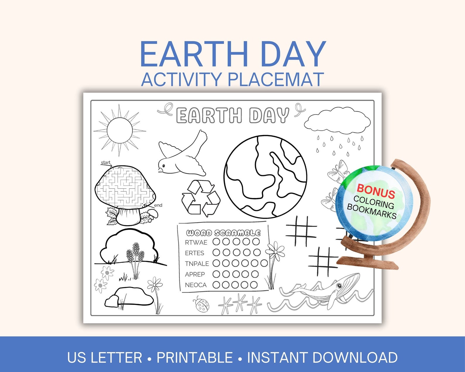 Earth Day Activity Placemat Printable for Kids, Activity for Kids ...