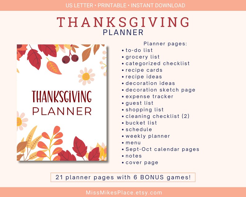 Thanksgiving Planner Printable Bundle With Games (digital Download) - Etsy